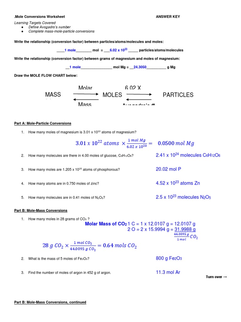Mole Conversion Worksheet 2015 ANSWER KEY | PDF | Mole (Unit ...
