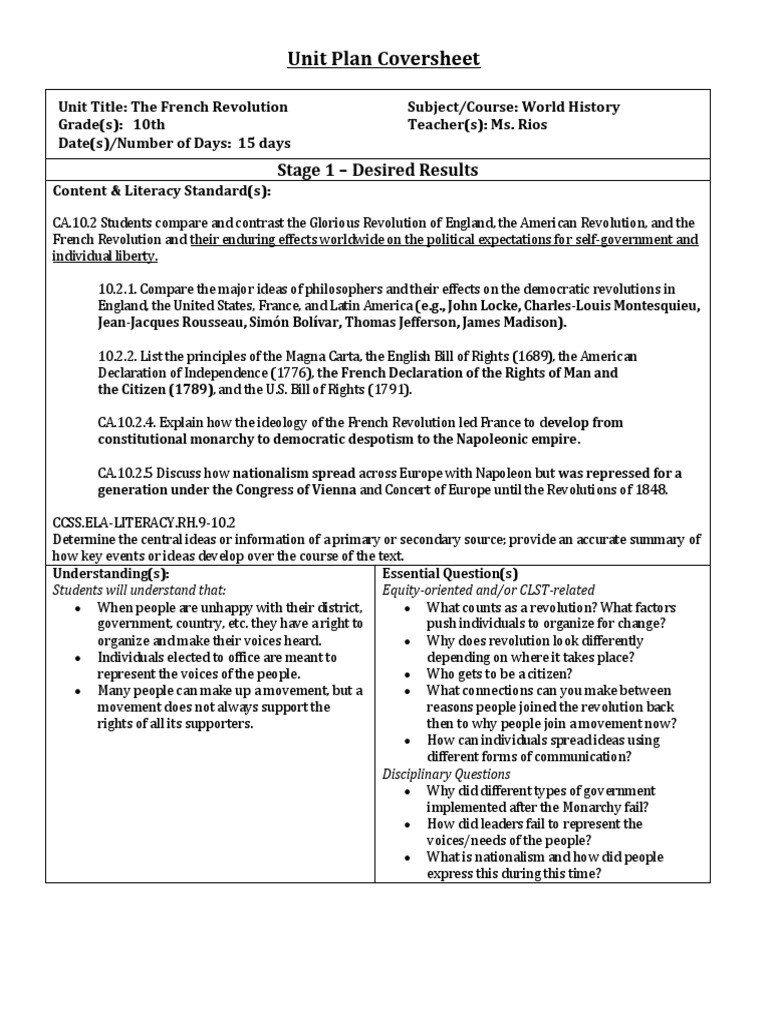 French Revolution Unit Plan Coversheet | PDF | French Revolution ...