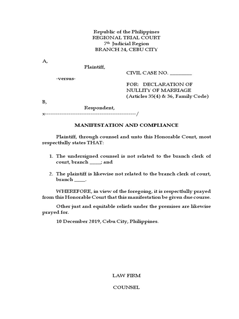 Court Manifestation for Nullity of Marriage | PDF | Affidavit | Courts