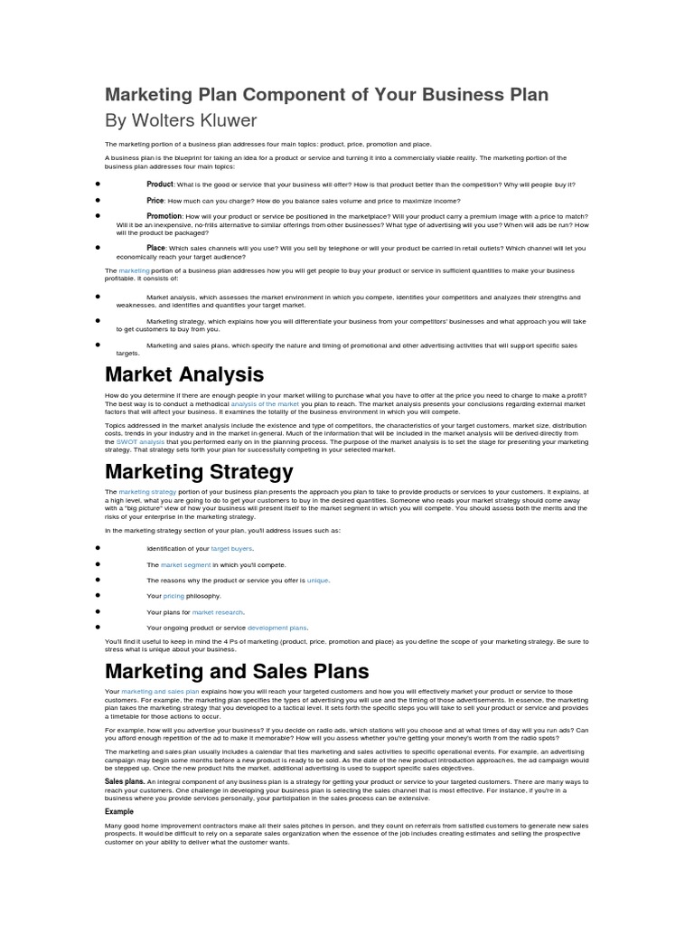 Marketing Plan Component of Your Business Plan | PDF | Market Analysis ...