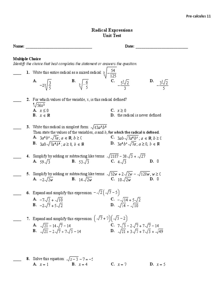Radicals Test | PDF | Multiple Choice | Equations