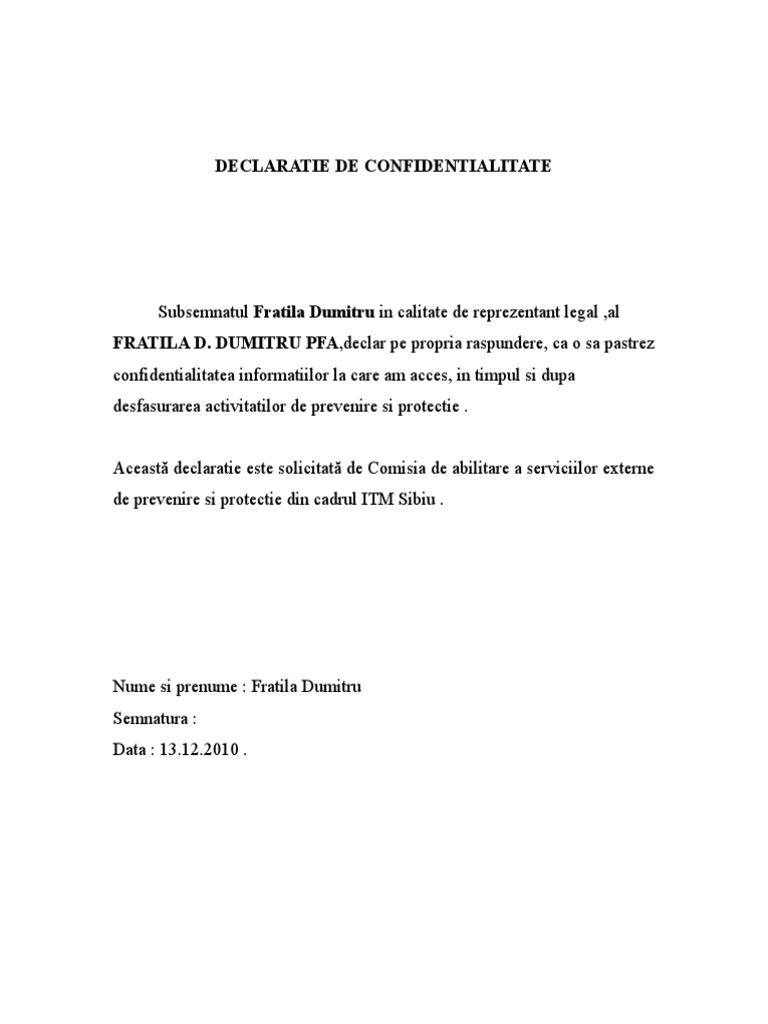 Declaratie de Confidentialitate | PDF
