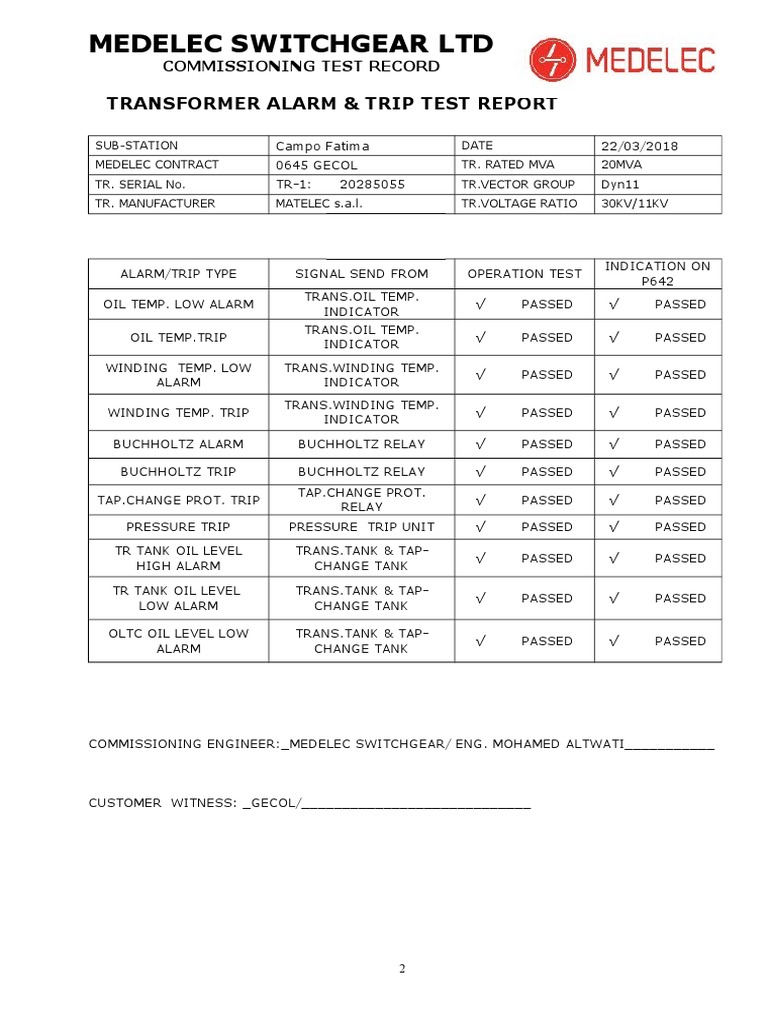 Transformer-2 Alarm & Trip Test | PDF