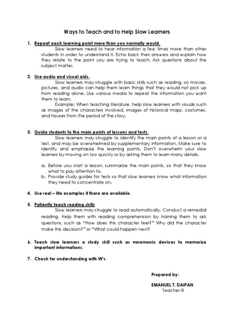 Ways To Teach and To Help Slow Learners | PDF