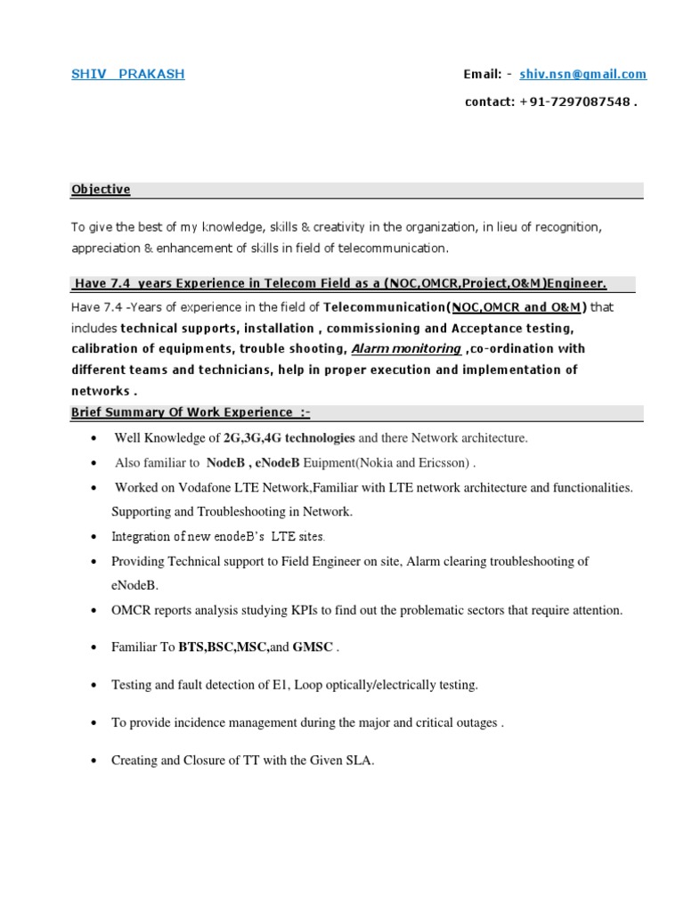 Telecom Engineer Profile: Shiv Prakash | PDF | Telecommunications ...
