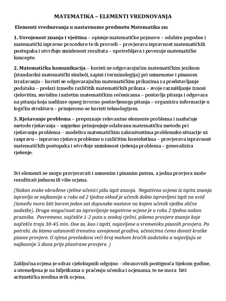 Matematika - Elementi Vrednovanja | PDF