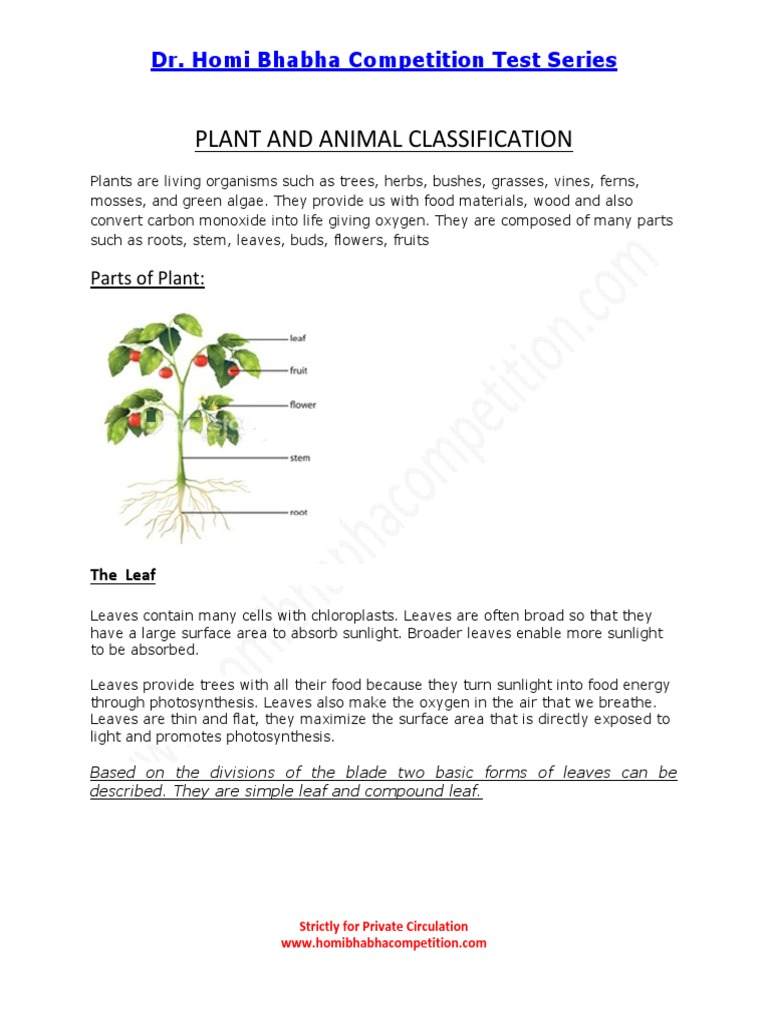 Dr. Homi Bhabha Competition Test Series Plant and Animal Classification ...