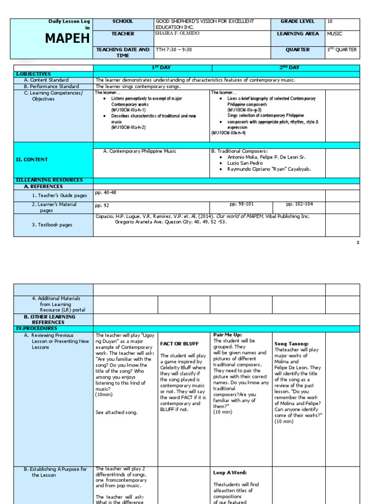 Grade 10 DLL Mapeh 3rd Quarter | PDF | Composers | Learning