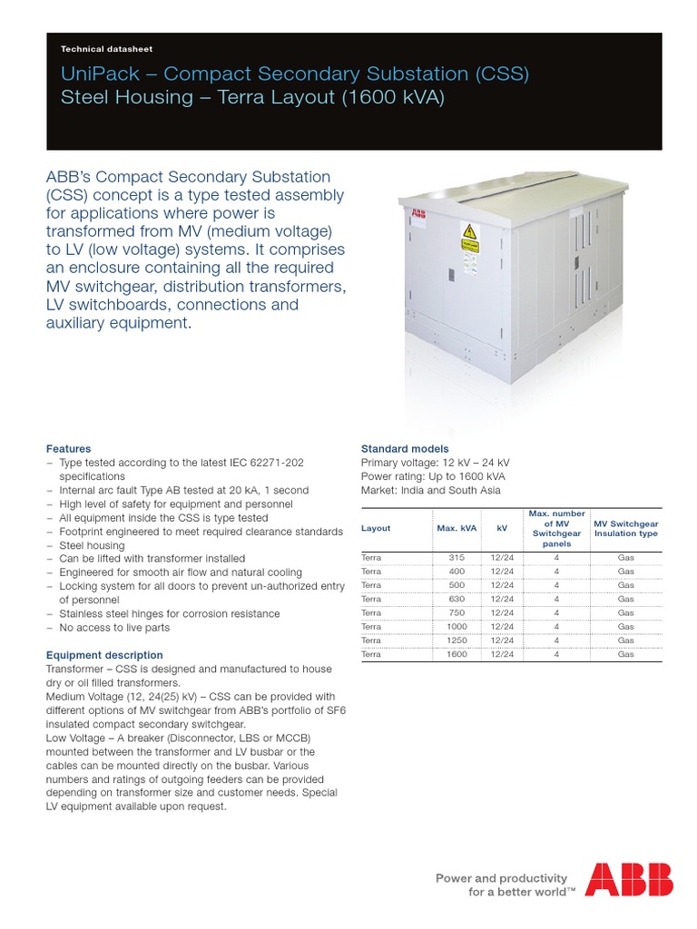 ABB UniPack Datasheet TERRA 1600kVA WEB | Transformer | Electrical ...