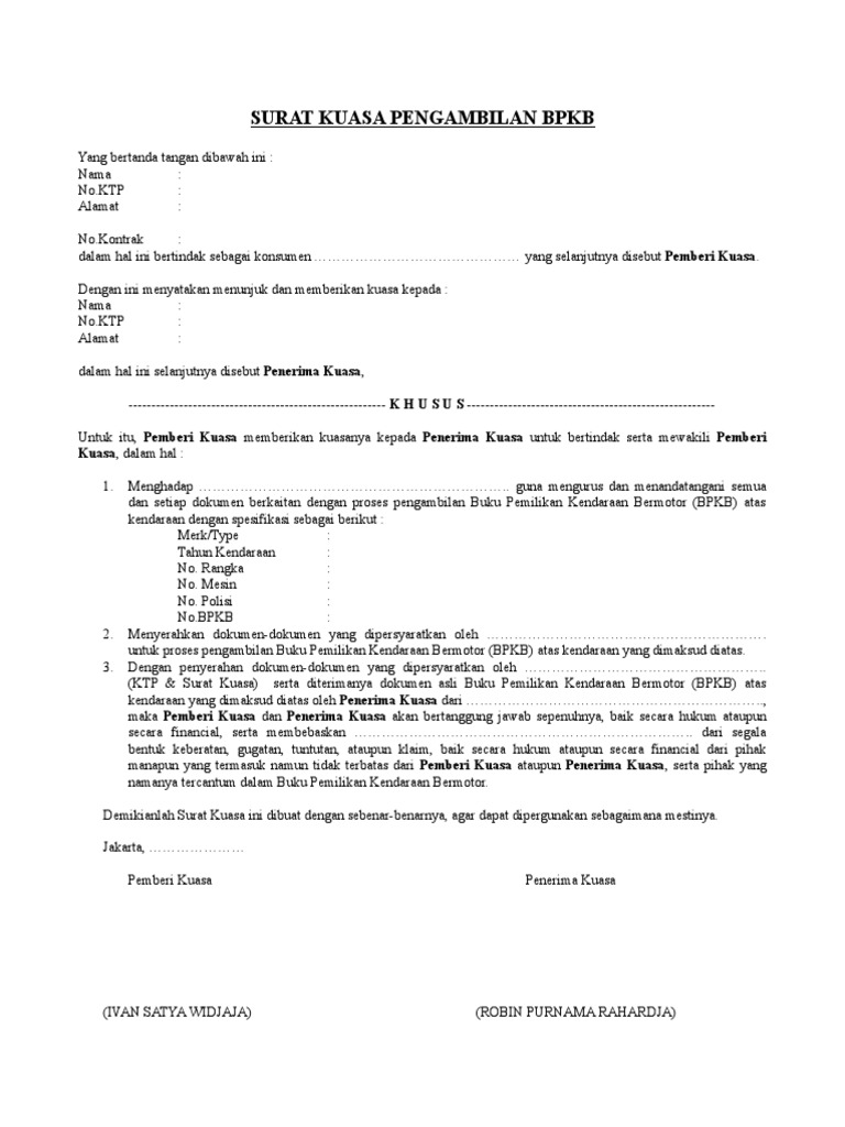 Draft Surat Kuasa Pengambilan BPKB | PDF | Bisnis | Hukum