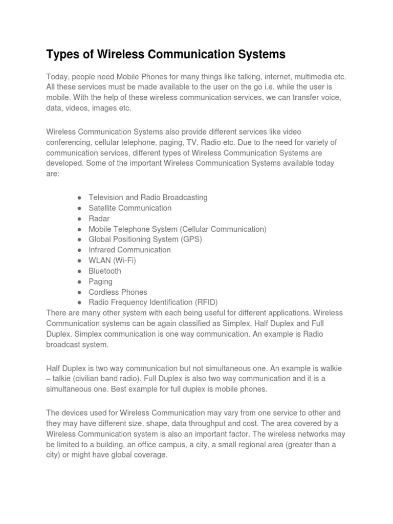 Types of Wireless Communication Systems | PDF | Wireless ...