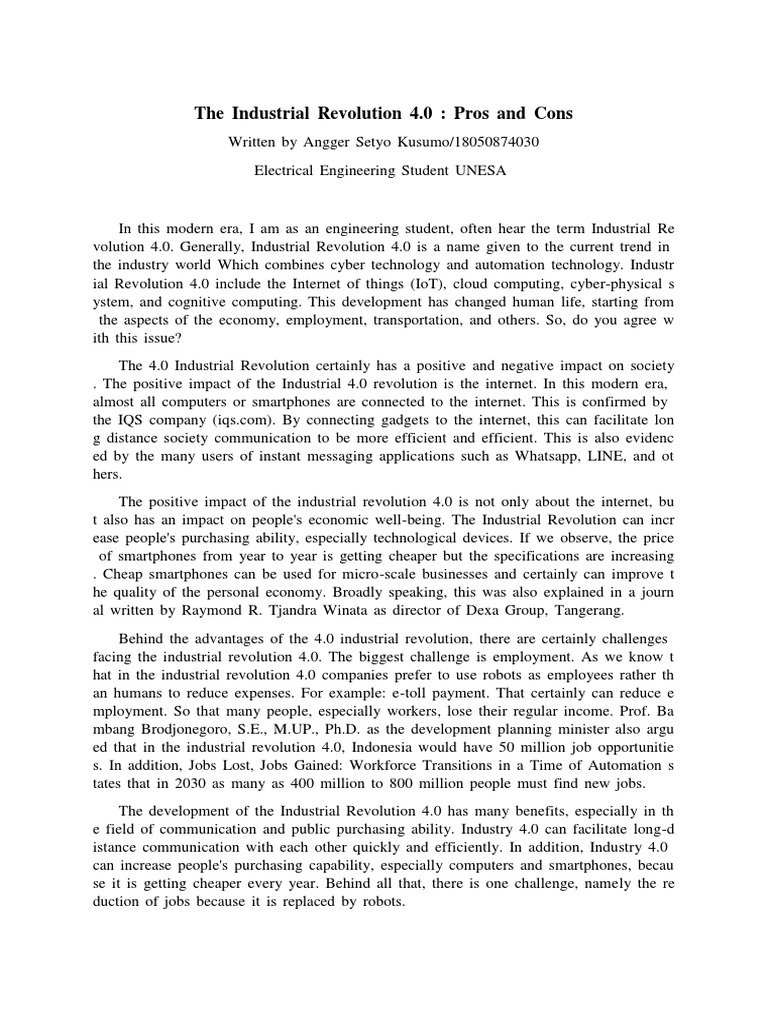 Argumentative Essay Industrial Revolution 4.0 | PDF | Employment ...