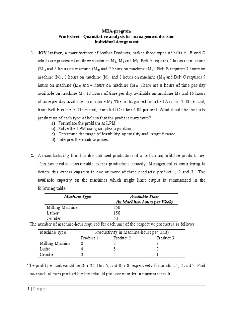 MBA Quantitative Analysis Tasks | PDF | Mathematical Optimization ...