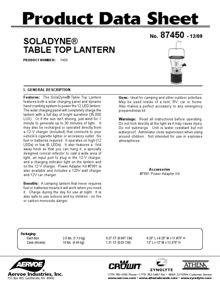 Soladyne 7450 Product Data Sheet | PDF | Lantern | Battery Charger