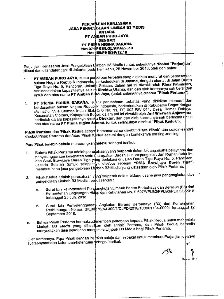PKS Jasa Pengelolaan Limbah B3 Medis Antara PT APJ Dengan PT Prima ...