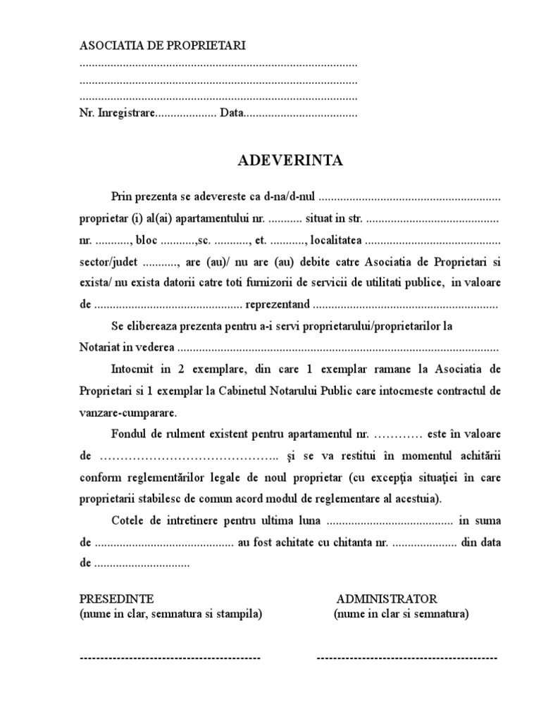 Adeverinta Asociatie Proprietari Notariat | PDF