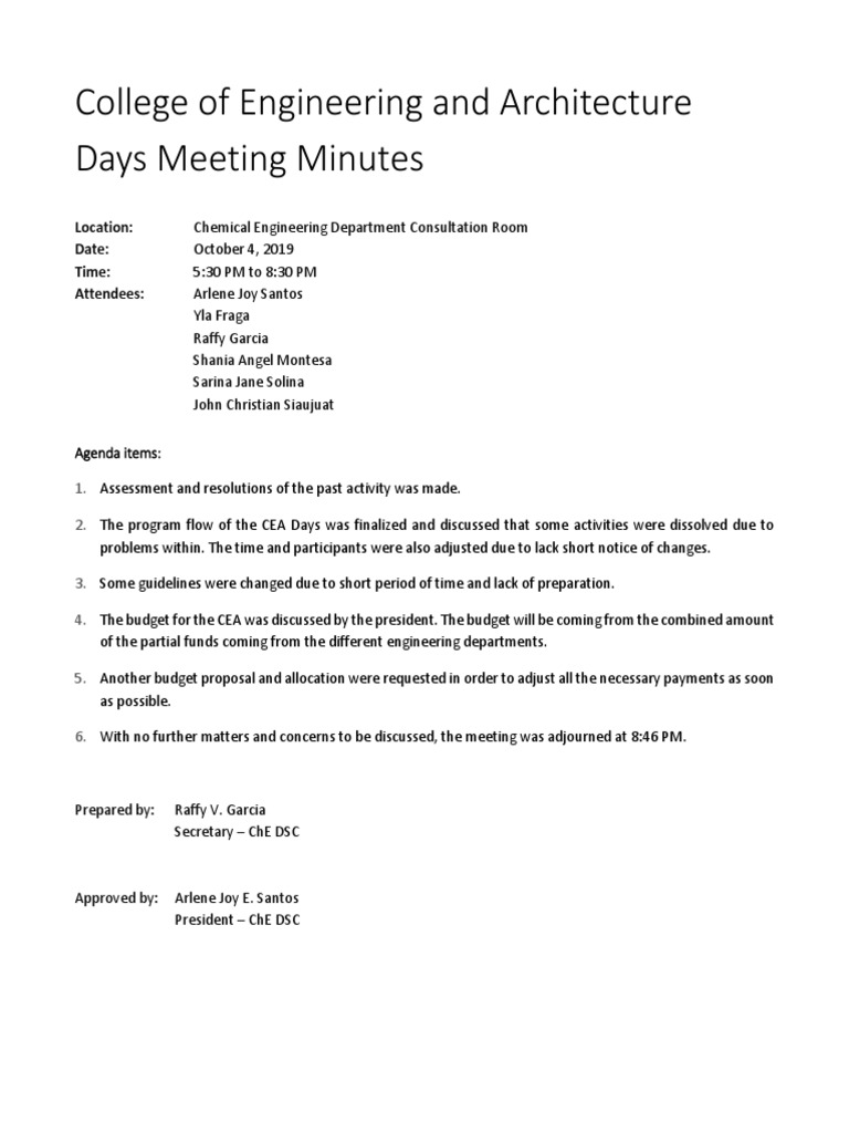 College of Engineering and Architecture Days 1 Meeting Minutes | PDF