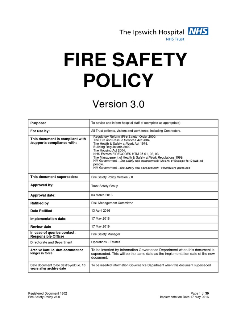 Fire Safety Policy Fire Safety Risk Management