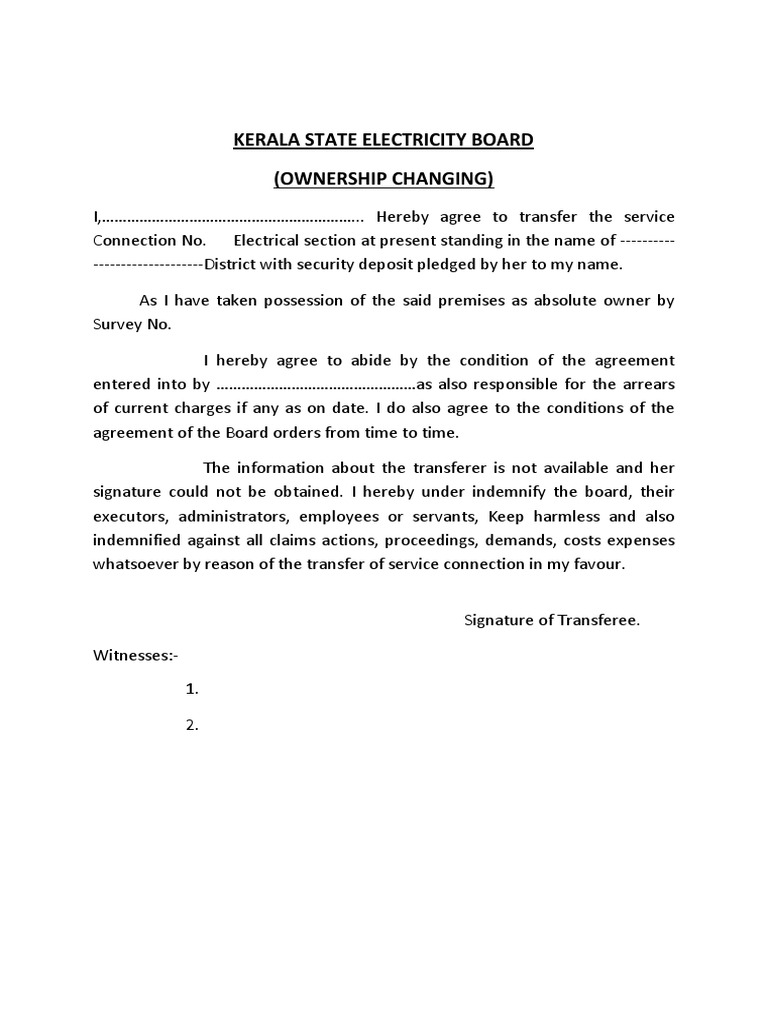 Kseb Ownership Changing Format | PDF