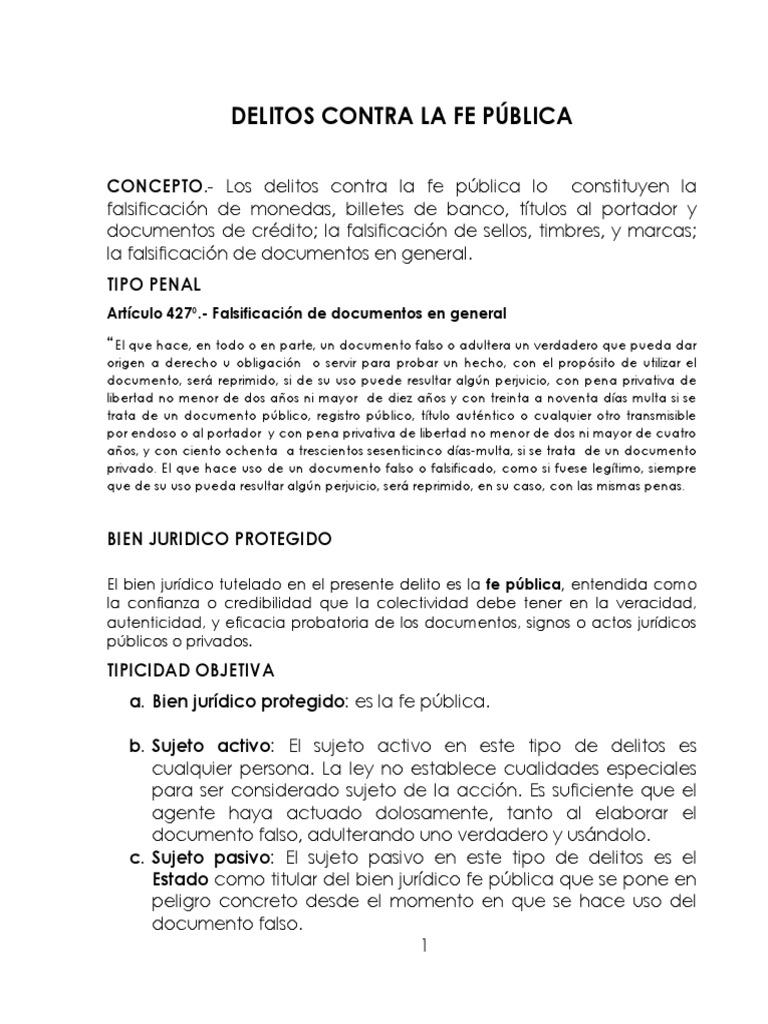 Delitos Contra La Fe Pública 2019 | Descargar gratis PDF | Intención (Derecho Penal) | Castigos