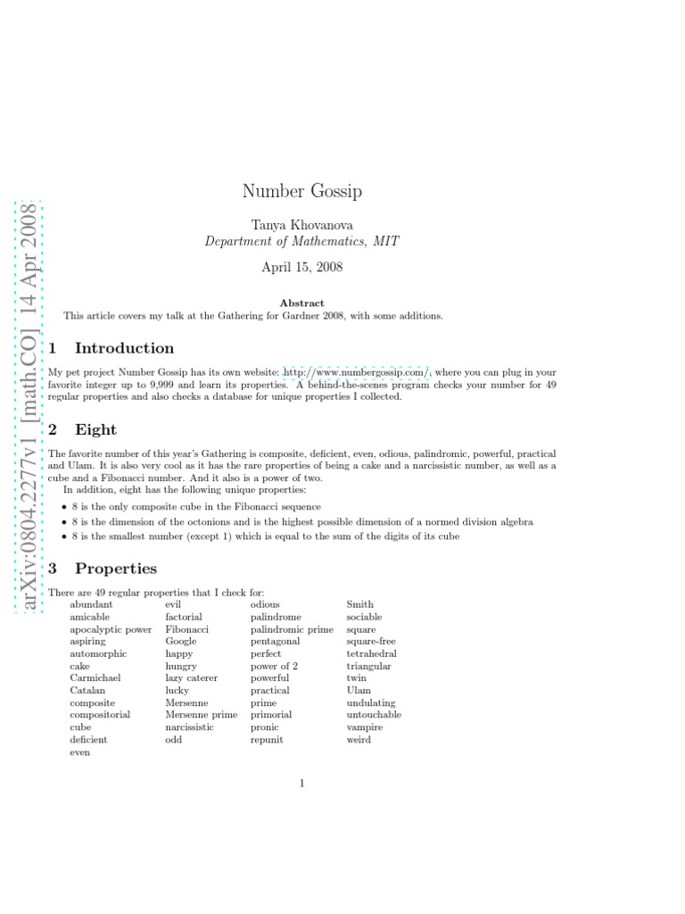 Number Gossip: Tanya Khovanova Department of Mathematics, MIT April 15 ...