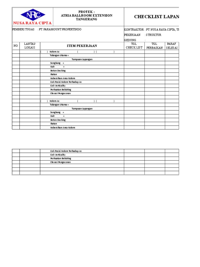 Checklist Lapangan Kolom | PDF