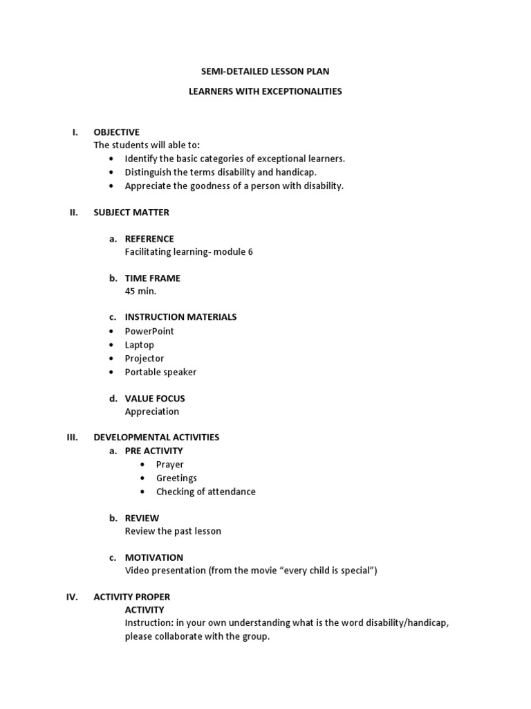 Lesson Plan | PDF | Learning Disability | Disability