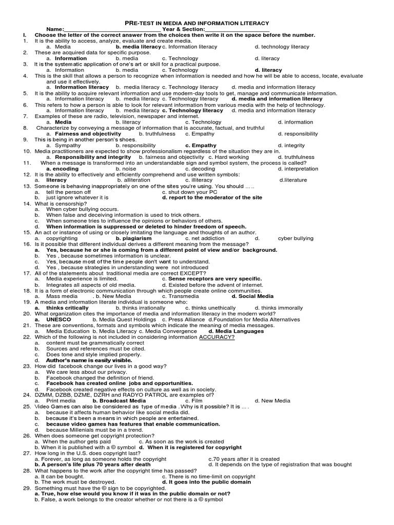 Pre-Test Key Answer | PDF | Information Literacy | Mass Media