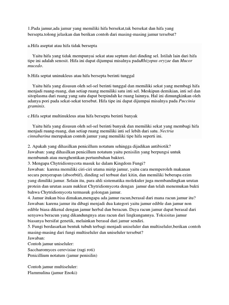 Penjelasan Jenis Hifa dan Contoh Jamur | PDF