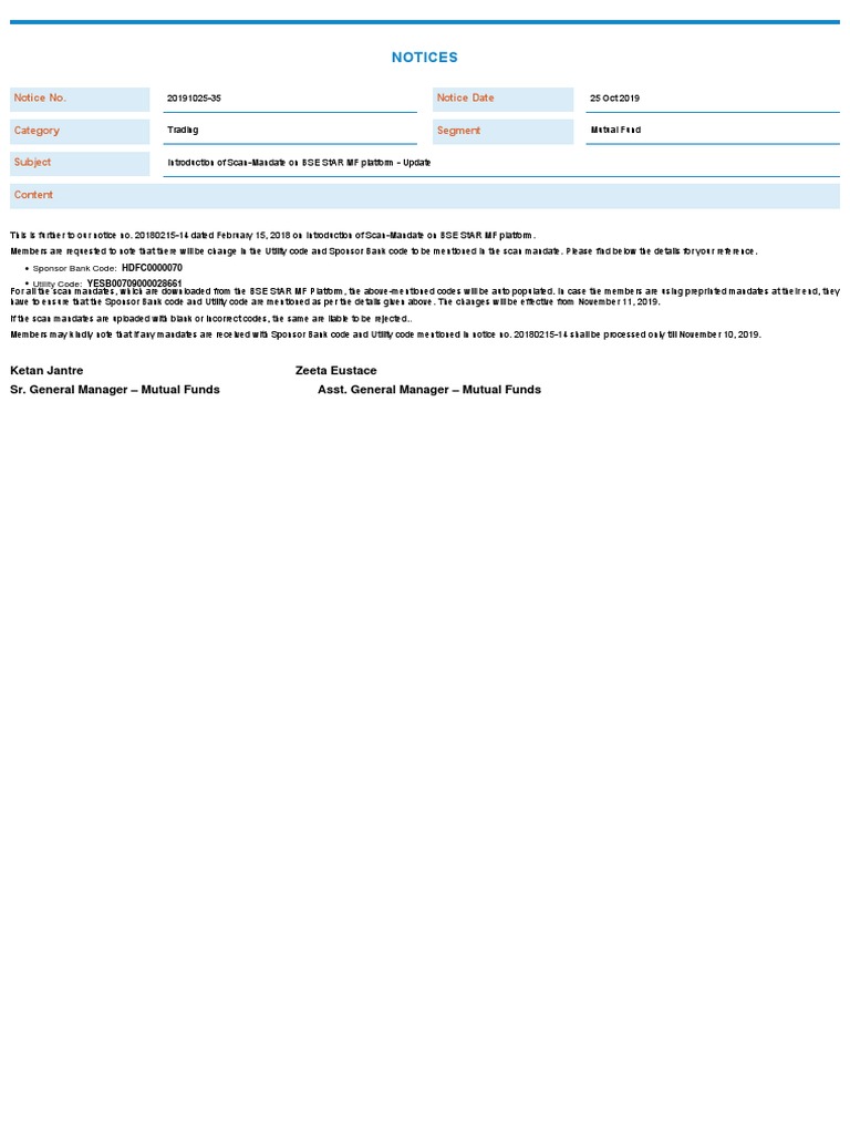 BSE StAR MF Scan-Mandate Update | PDF