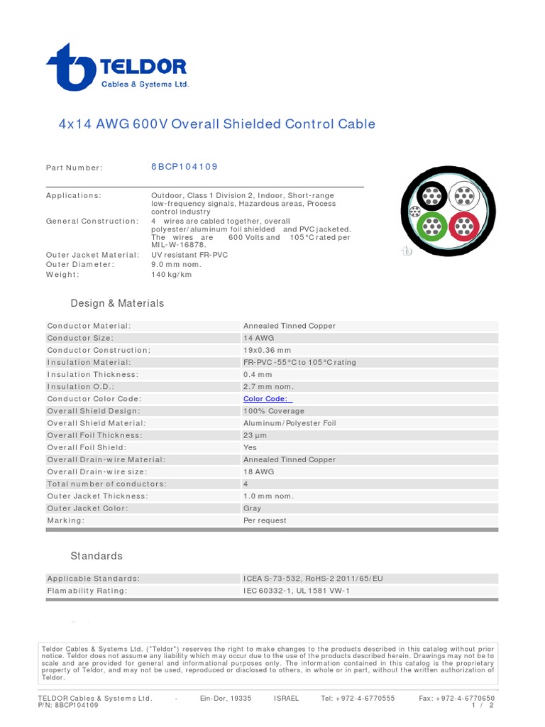 4x14 AWG 600V Overall Shielded Control Cable - 8BCP104109 PDF | PDF ...