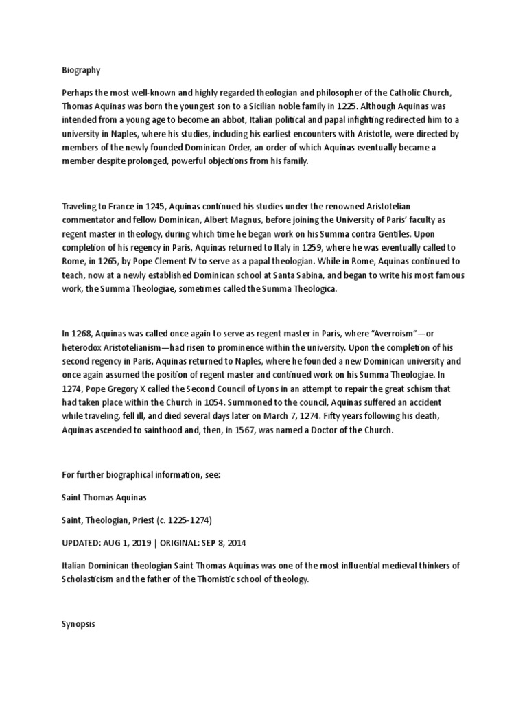 Biography of St. Aquinas | PDF | Thomas Aquinas | Theology