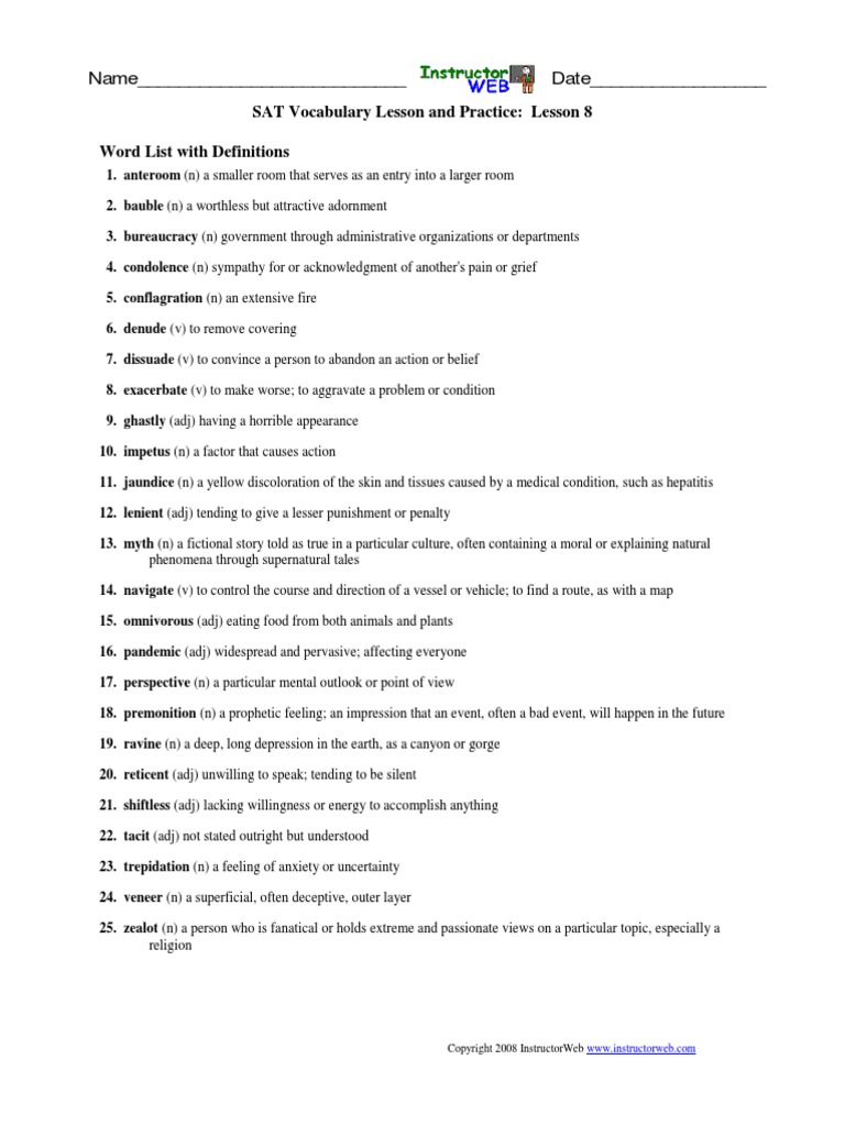 Sat Vocabulary Lesson and Practice Lesson 8 To Upload | PDF