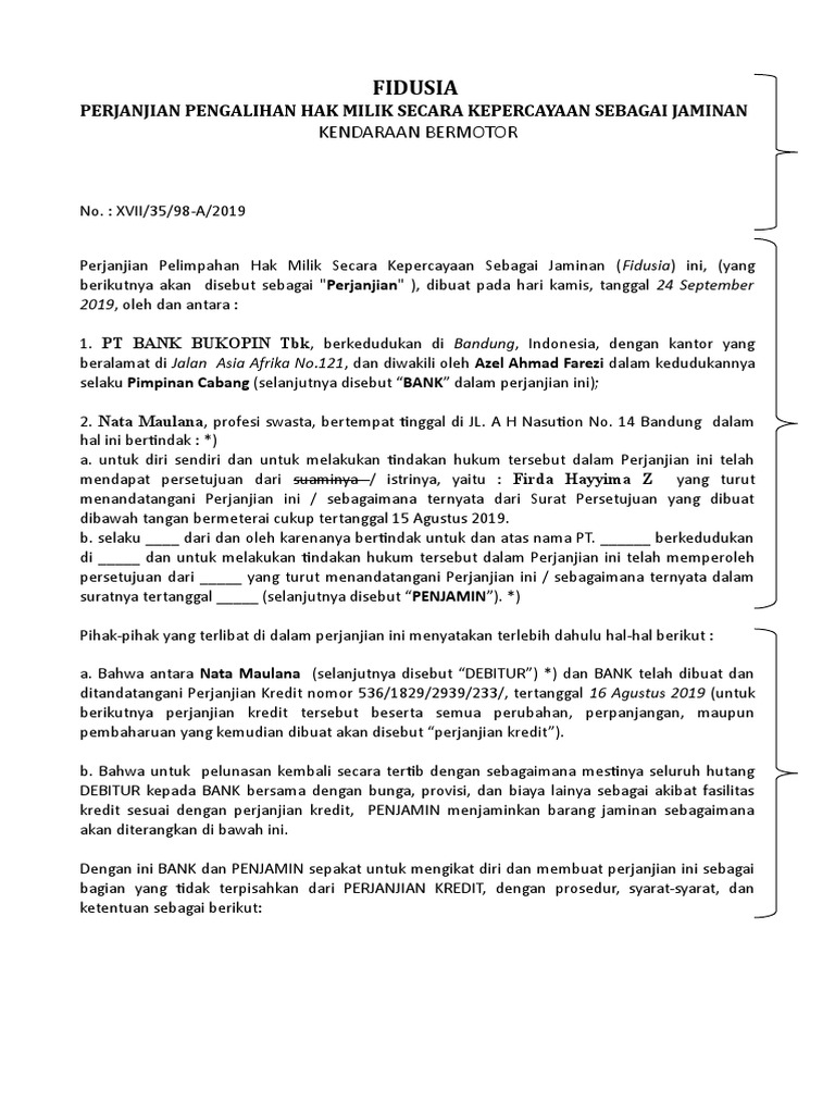 Surat Perjanjian Fidusia Kendaraan Bermotor | PDF