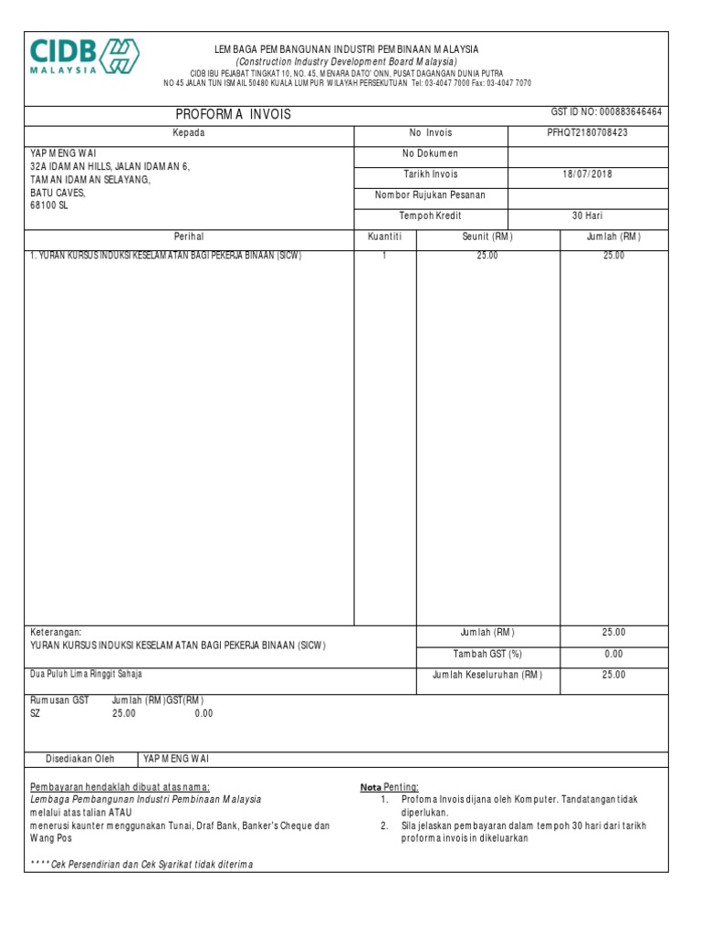 CIDB Kursus Proforma Invoice | PDF