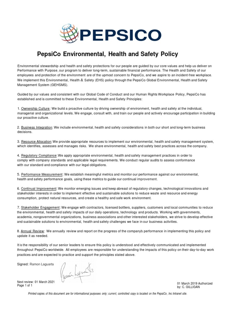 PepsiCo EHS Policy Overview | PDF | Occupational Safety And Health | Safety