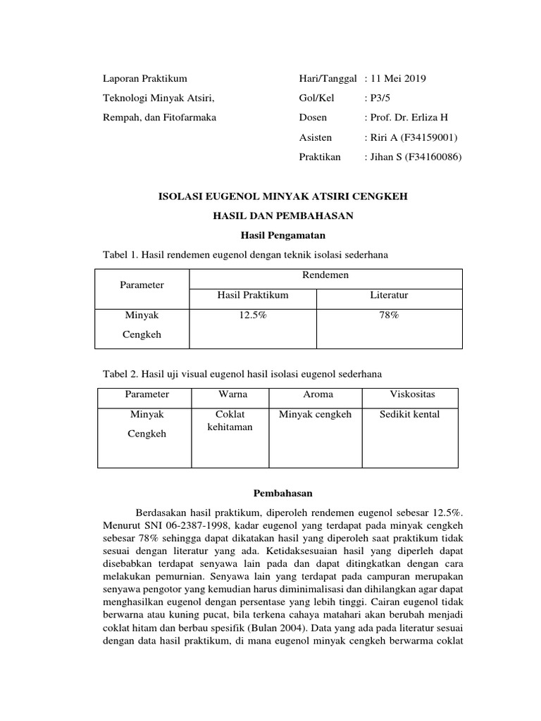 Jihan Suraya - f34160086 - Isolasi Eugenol Laporan | PDF