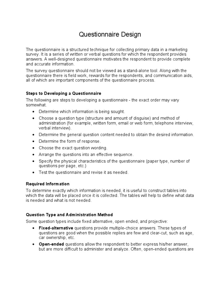 Questionnaire Design: Steps To Developing A Questionnaire | PDF ...