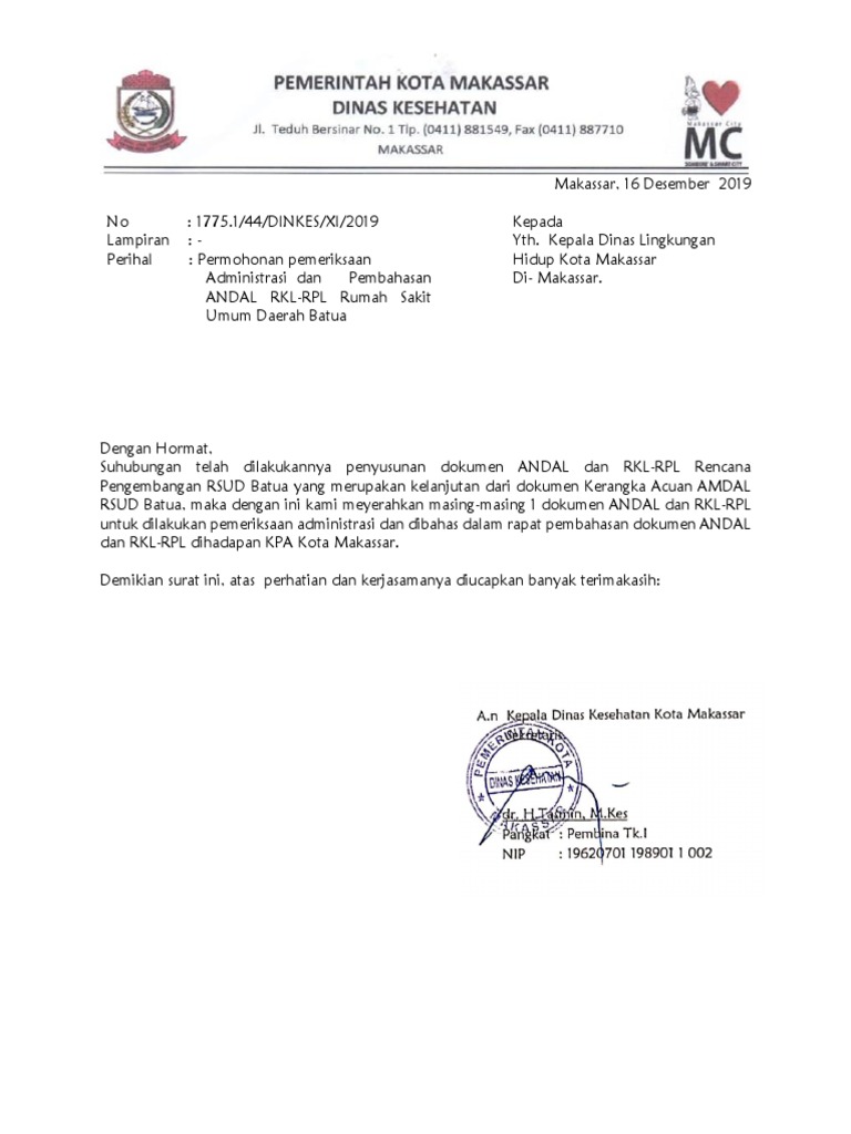 Surat Pengantar Dokumen ANDAL Dan RKL-RPL RSUD BATUA | PDF