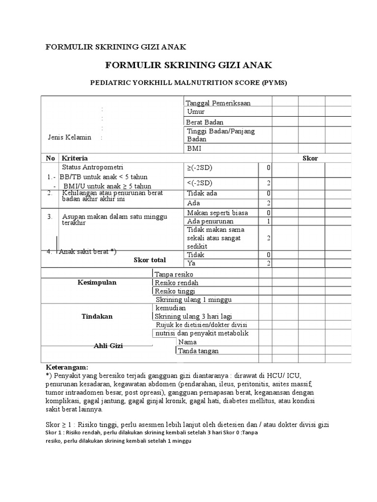 Formulir Skrining Gizi Anak | PDF