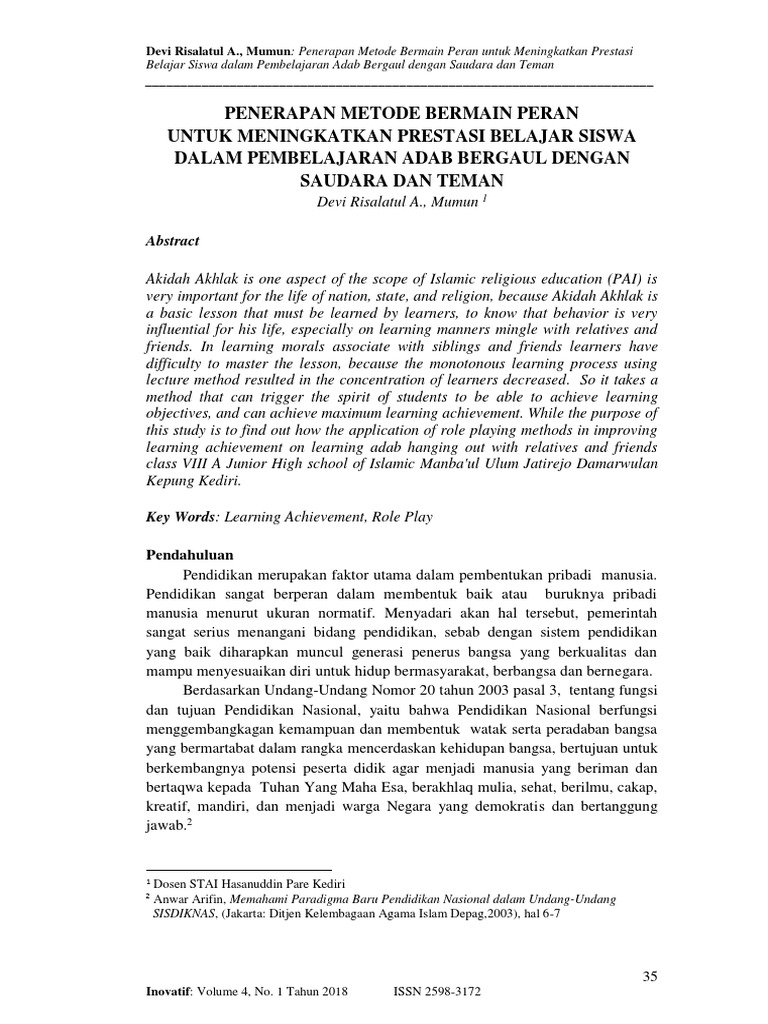 Penerapan Metode Bermain Peran Untuk Meningkatkan Prestasi Belajar ...