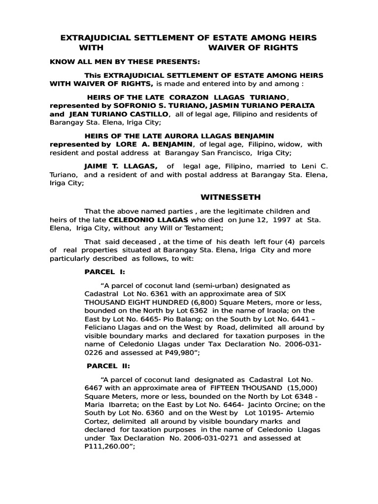 Extra Judicial Settlement With Waiver If Rights PDF | PDF Extra Judicial Settlement With Waiver If Rights PDF | PDF