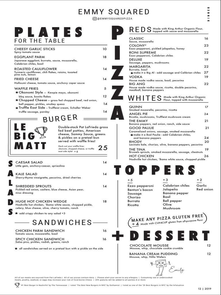 Upper East Side Emmy Squared Menu | Pickling | Salad