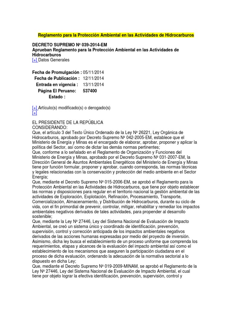 Reglamento para La Protección Ambiental en Las Actividades de Hidrocarburos | PDF | Regulación ...
