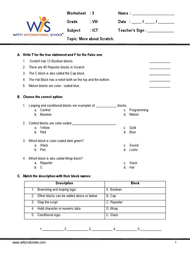 Worksheet 3 More About Scratch Final PDF | PDF | Boolean Data Type ...