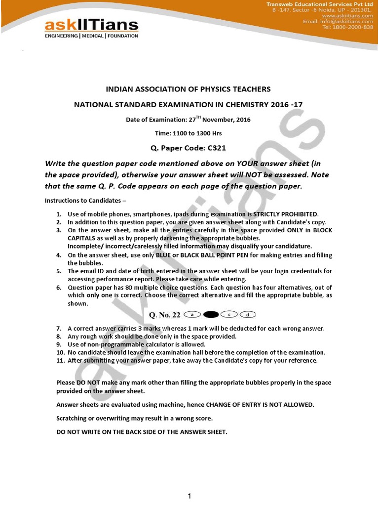 NSE Chemistry Exam Instructions 2016-17 | PDF | Chemical Reactions ...
