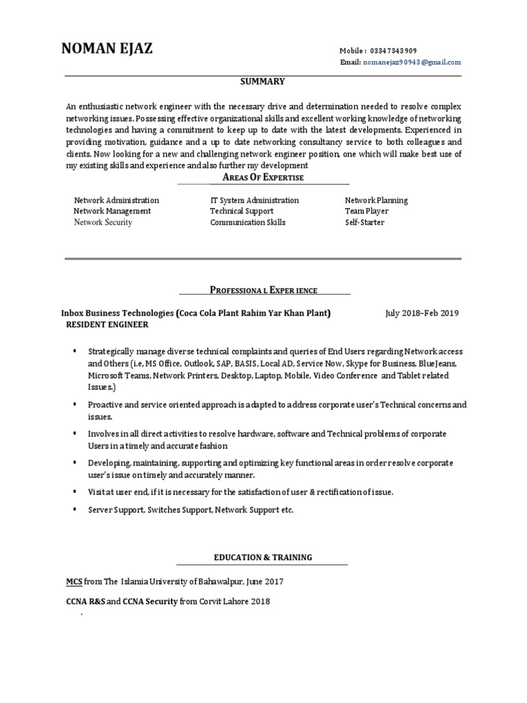 Network Administrator Resume of Noman Ejaz | PDF | Computer Network ...