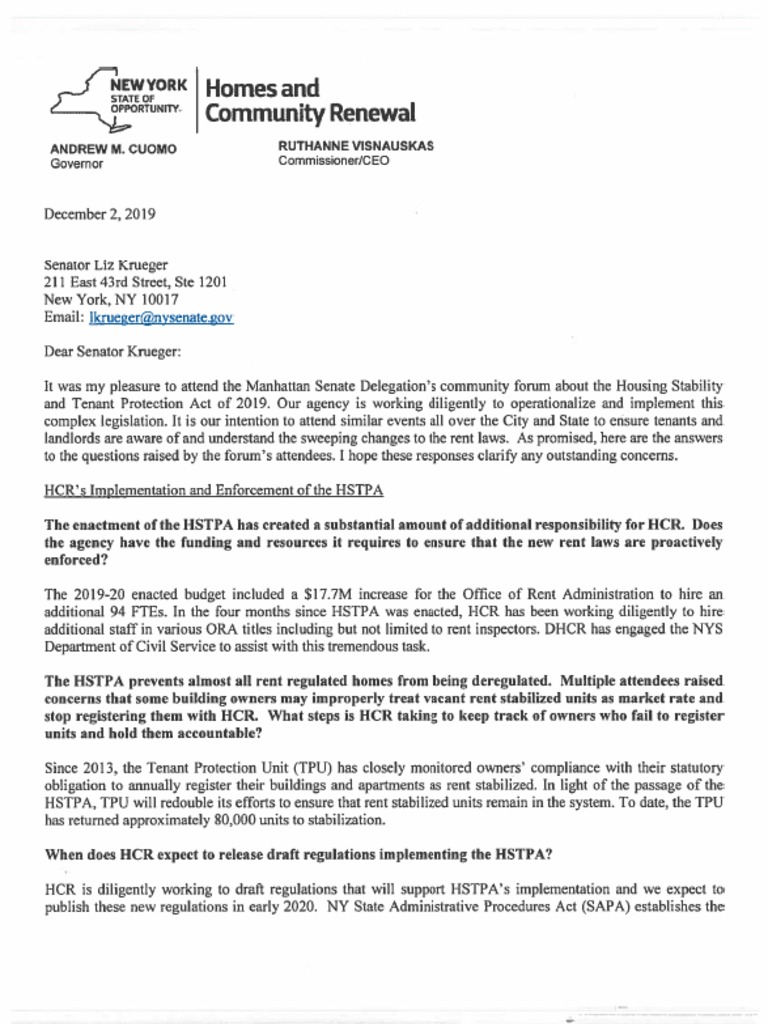 Response Letter From DHCR Commissioner December 2019 | PDF