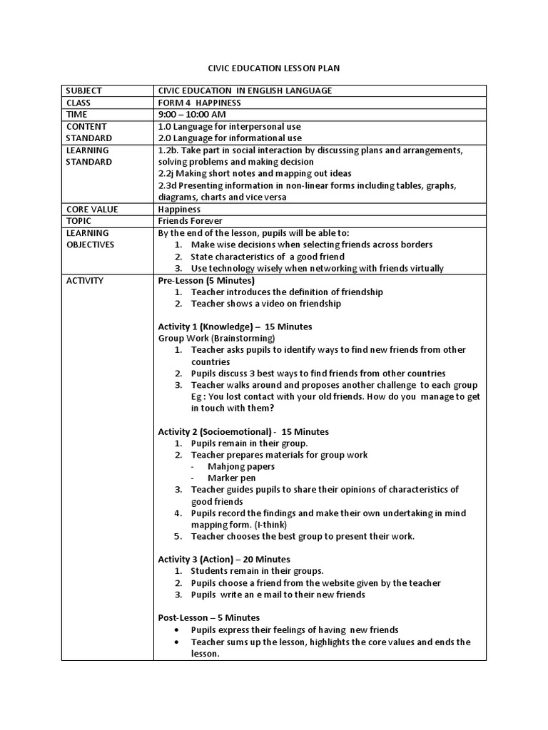 Civic Education in English Example Lesson Plan | PDF | Teachers ...