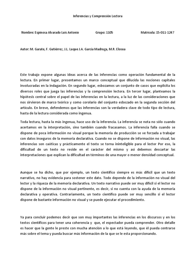 Inferencias en Comprensión Lectora | PDF | Memoria | Comprensión lectora